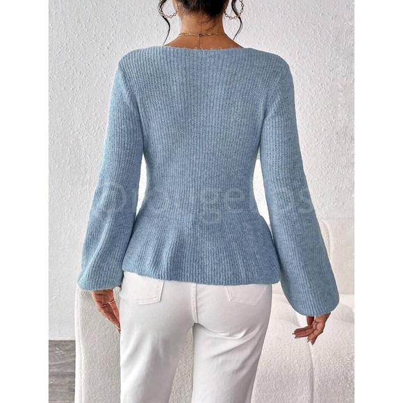 Rouge! | Sweaters | Light Blue Vneck Twisted Front Peplum Sweater Knit ...